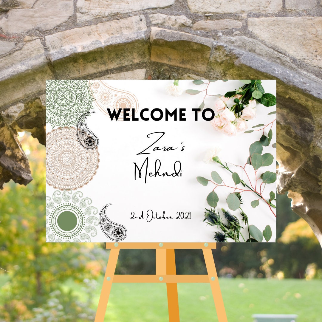 Mehndi Printed Welcome Sign Indian Wedding Sign Personalised Wedding ...