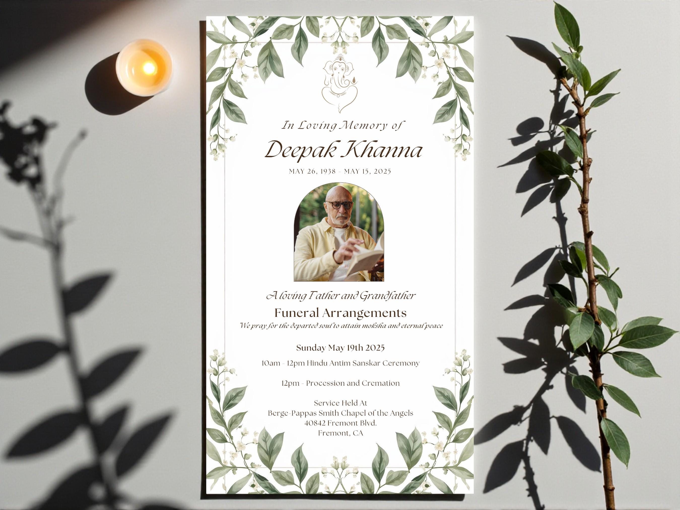 Hindu Funeral Program Announcement Invitation Template, Funeral Details ...