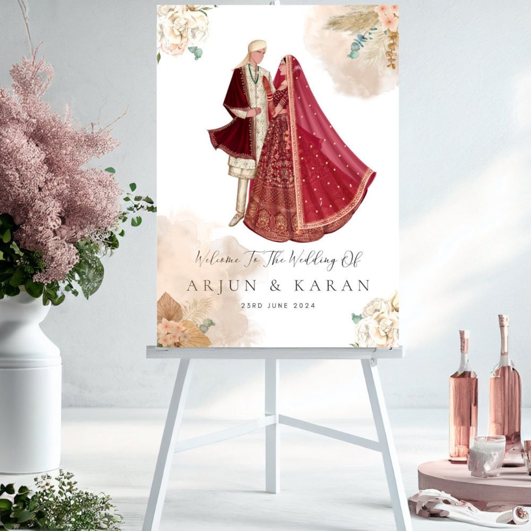 Indian Wedding Welcome Sign With Couple Illustration | Hindu Wedding ...