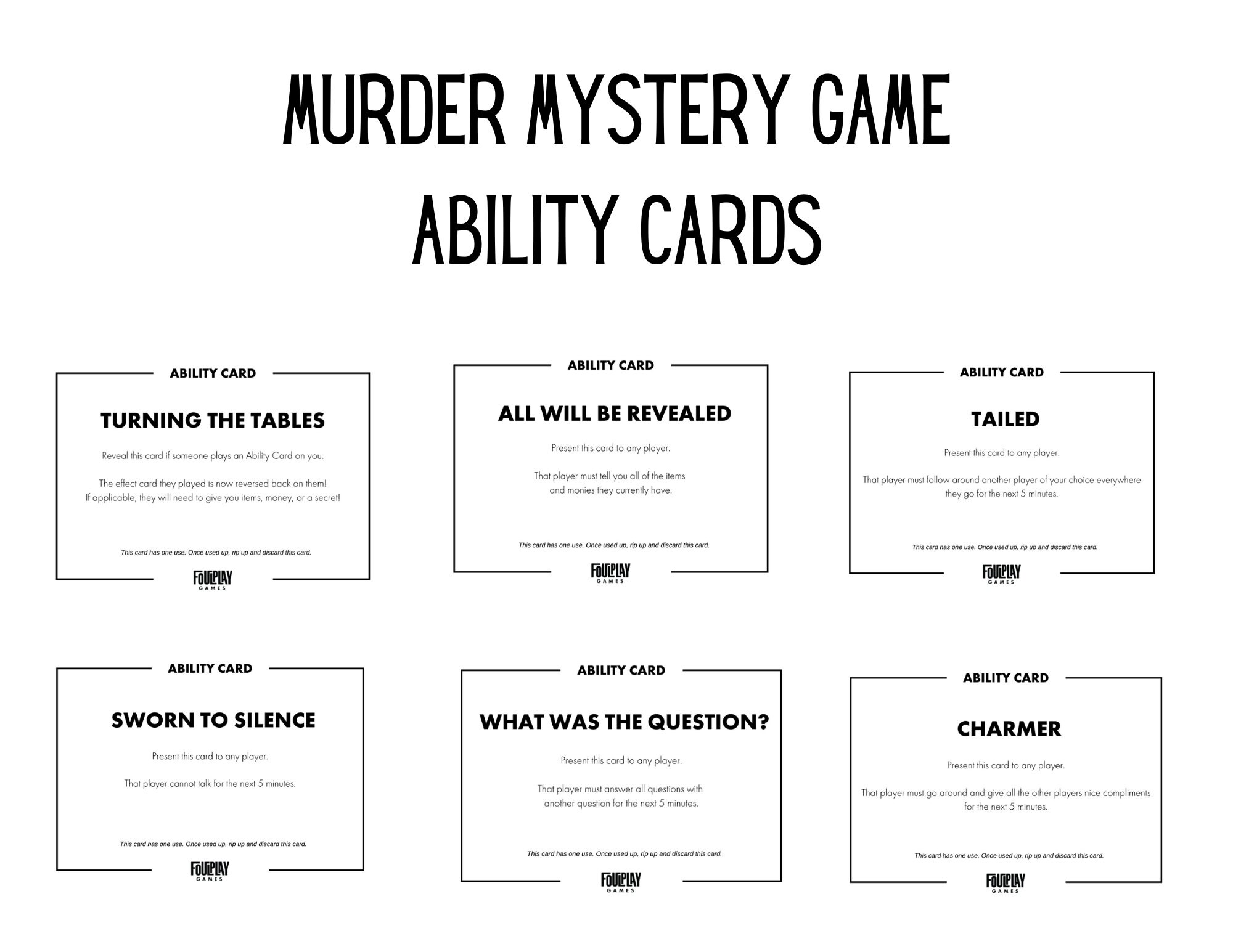 Murder Mystery Game Ability Cards Instant Download Print And Cut Murder Mystery Game Ability Cards Instant Download Print And Cut