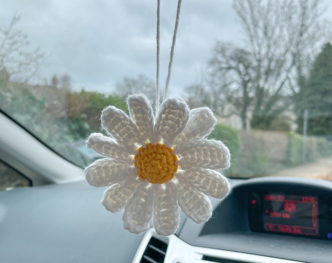 White Crochet Daisy Car Charm | Hanging Flower Pendant Gift | Rear View ...