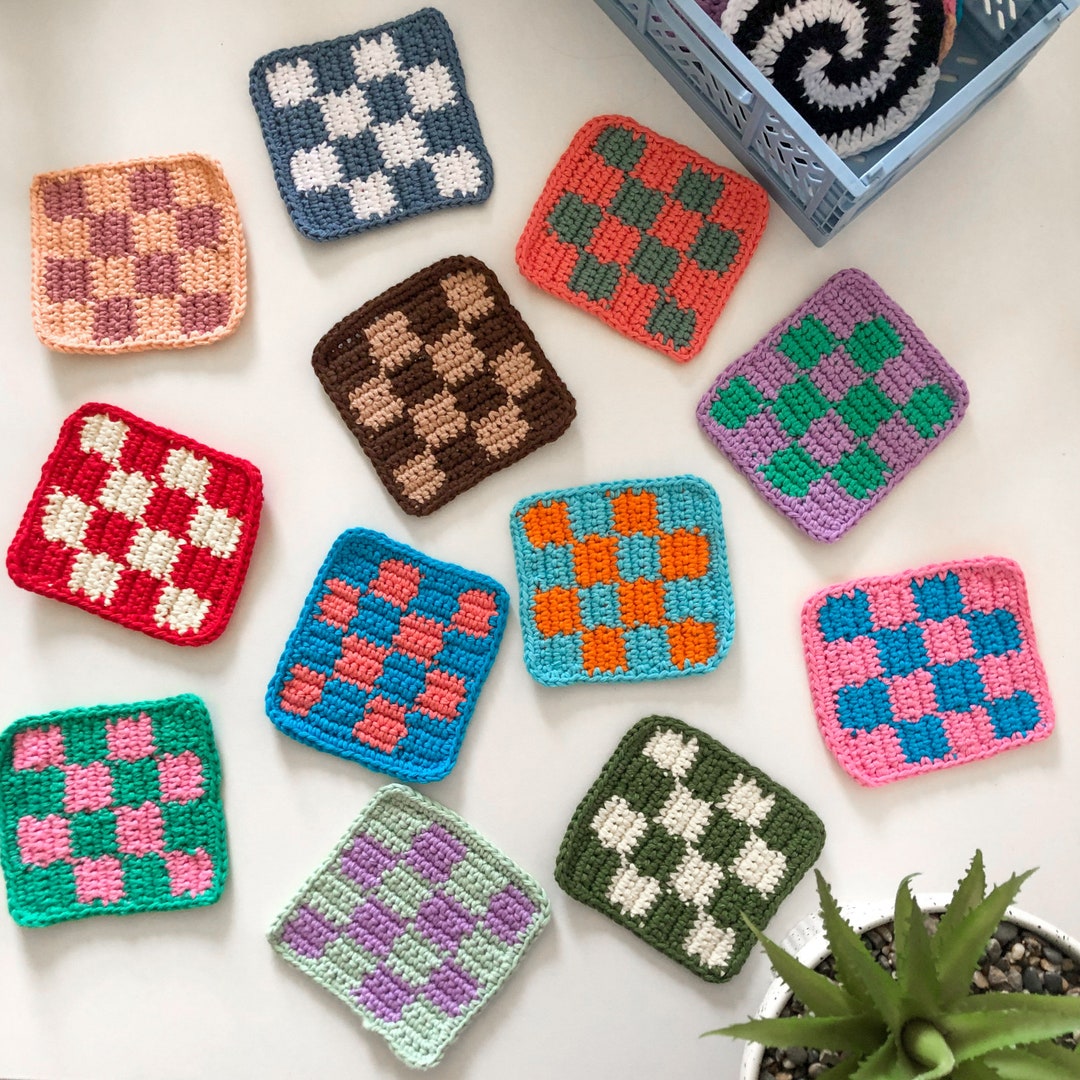 Crochet Checkered Coasters Handmade Home Decor Custom - Etsy