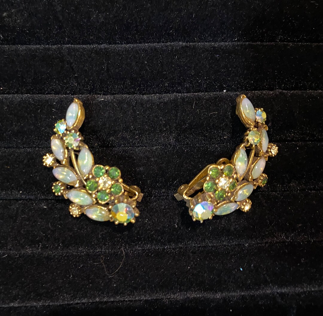 Vintage Florenza Demi Parure Green Opal Glass Flower Design - Etsy