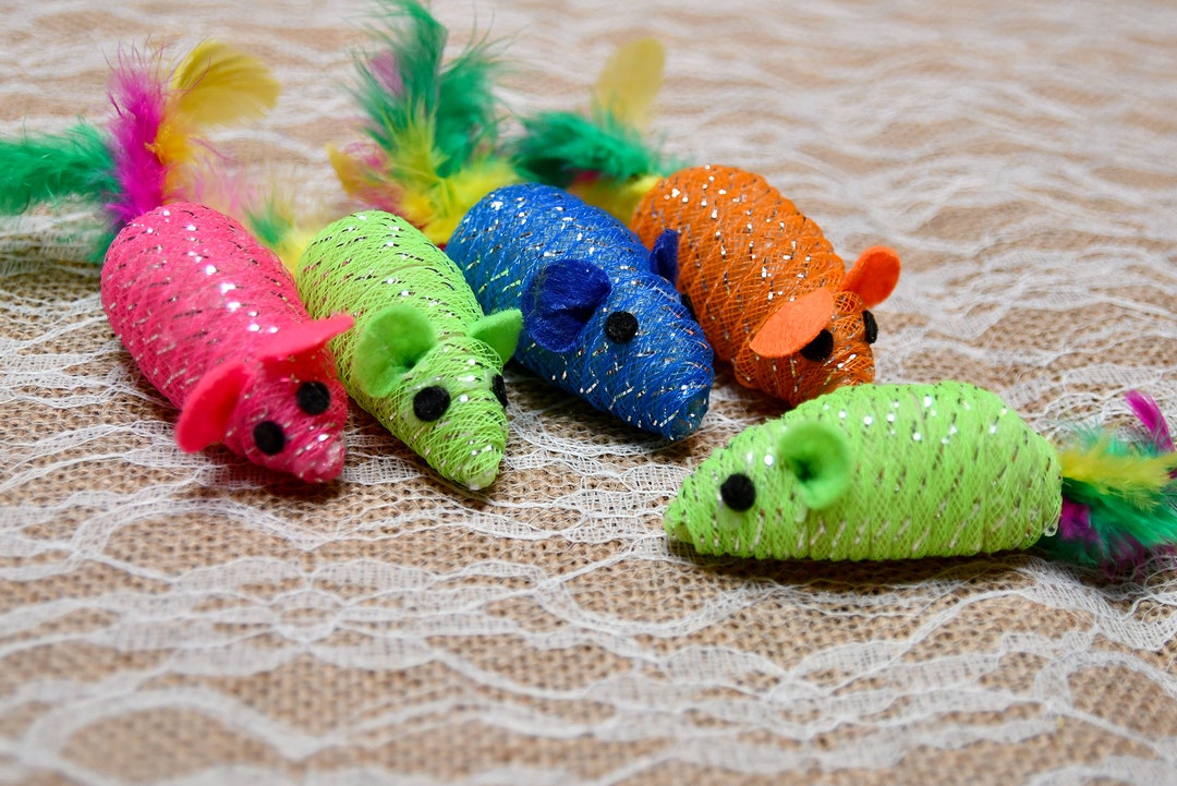 Cat Toy Nylon Mouse With Feather and Rattle Assorted, Cat Toy Mouse, 5 ...