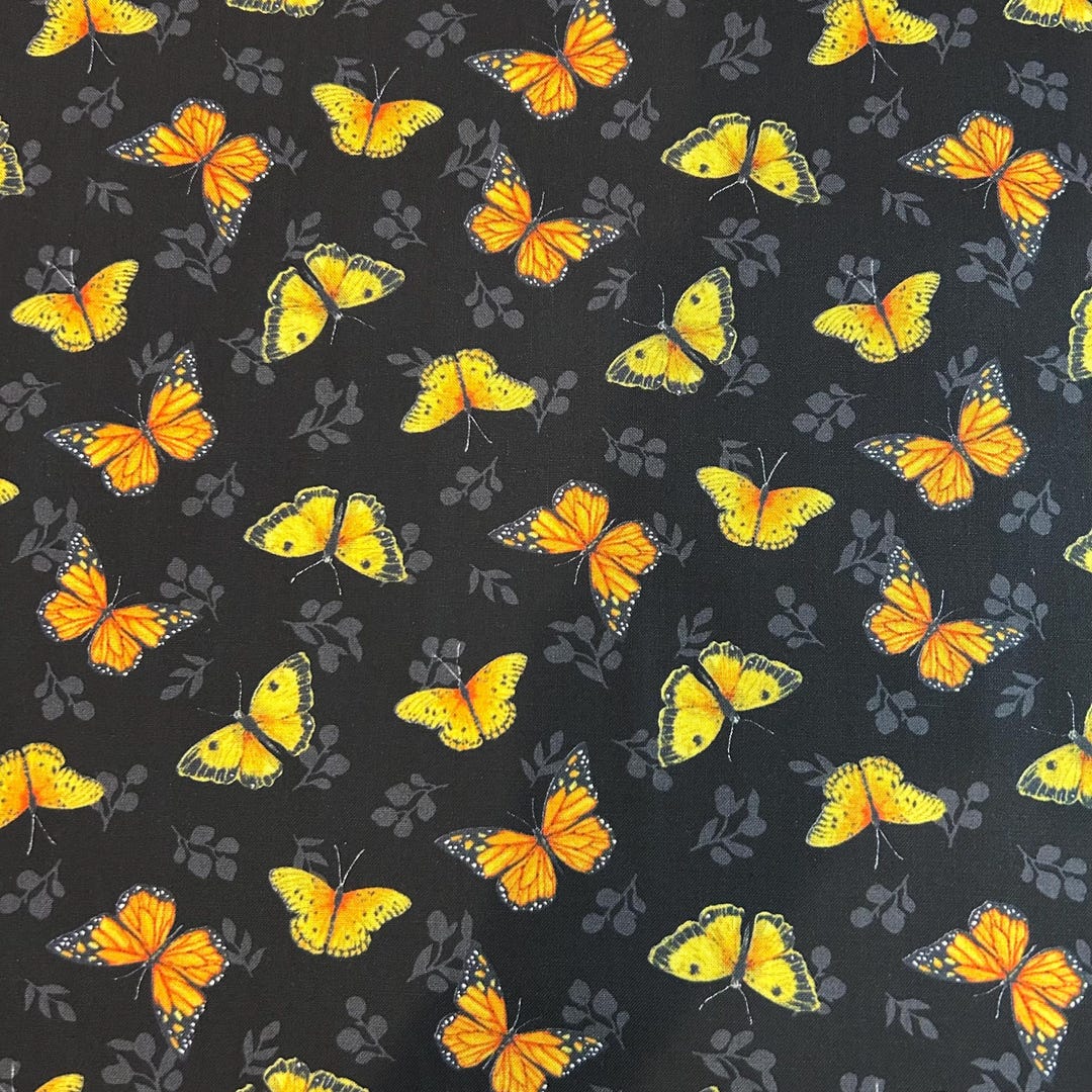 Sunflower Splendor Fabric by the Yard, Tossed Butterflies on Black by ...