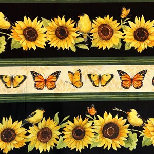 Sunflower Stripes on Black Fabric by the Yard, Sunflowers and ...