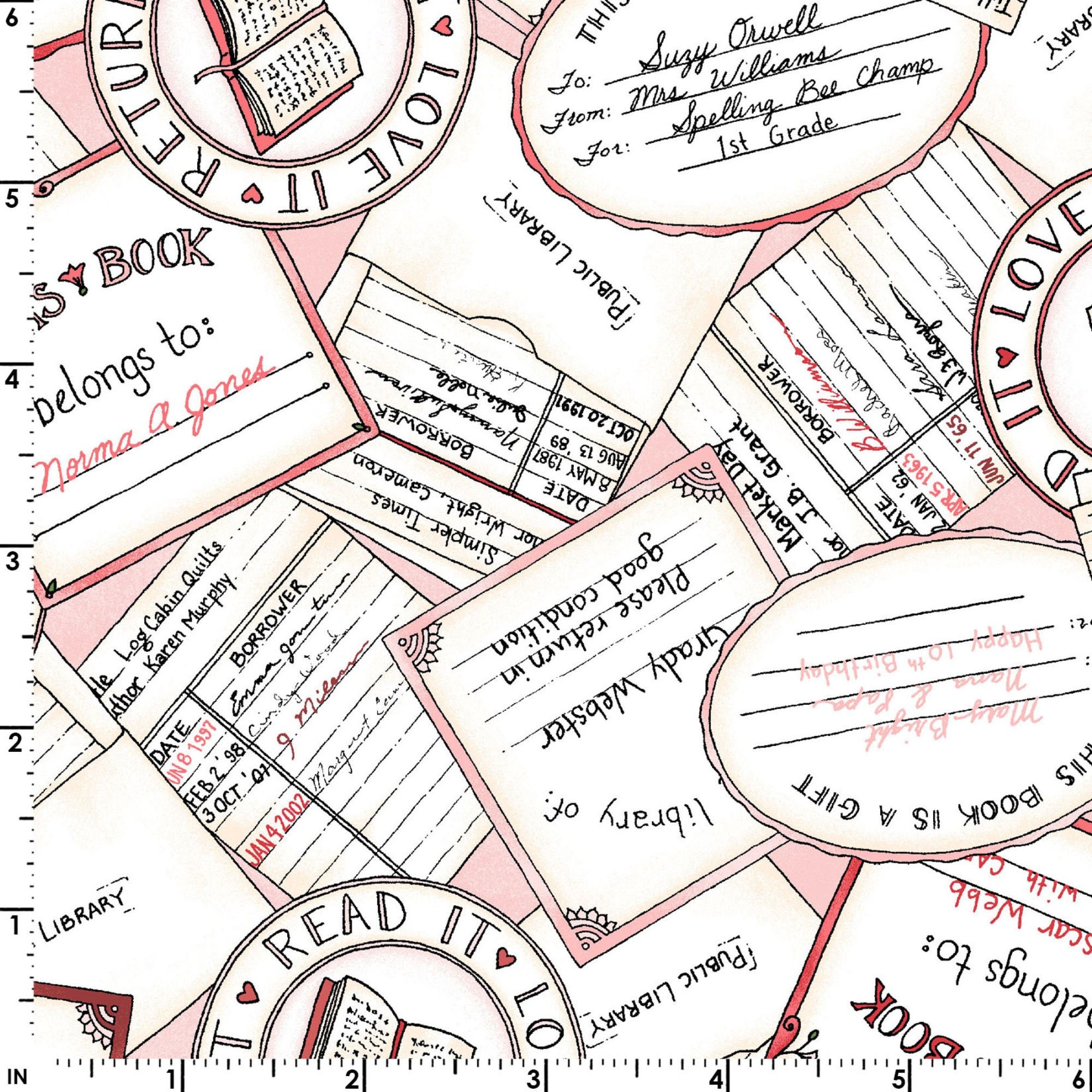 Book Labels in Pink, Readerville by Maywood Studio, Fabric by the Yard ...