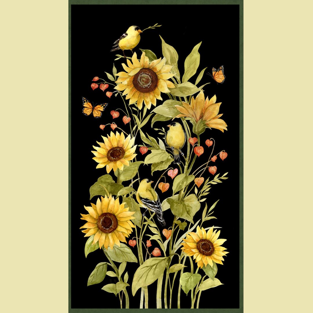24" Fabric Panel Sunflowers and Yellow Finches, Sunflower Splendor by Susan Winget for ...