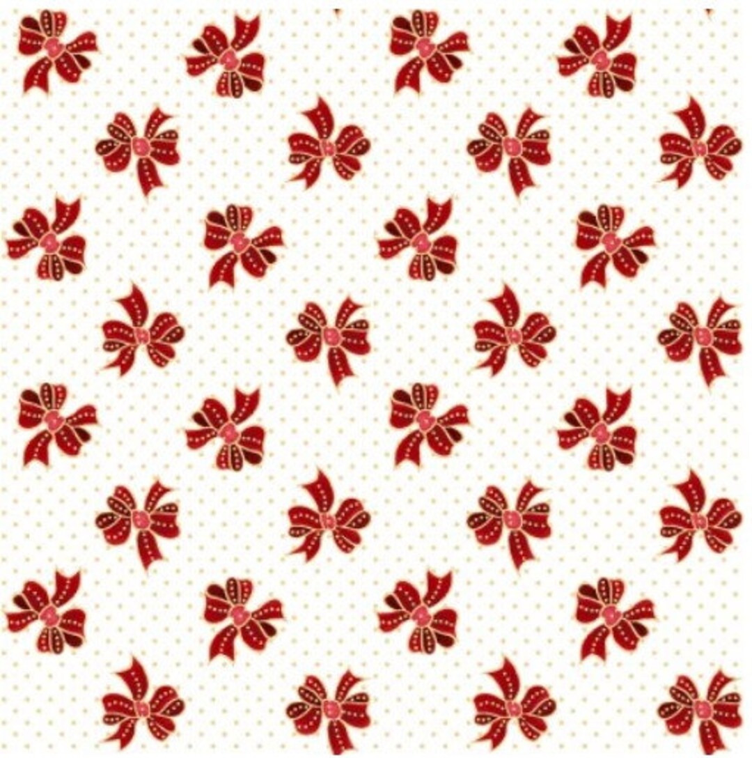 Red Metallic Bows on White, Fabric by the Yard; Evergreen Bows ...