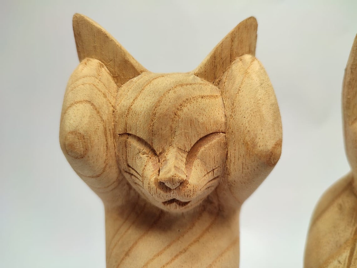 Cute Wise Cat (mouth, Eyes & Ears), Wood Sculpture Animal Carving for ...
