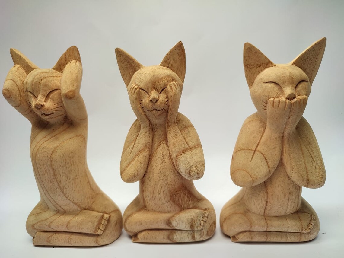 Cute Wise Cat (mouth, Eyes & Ears), Wood Sculpture Animal Carving for ...