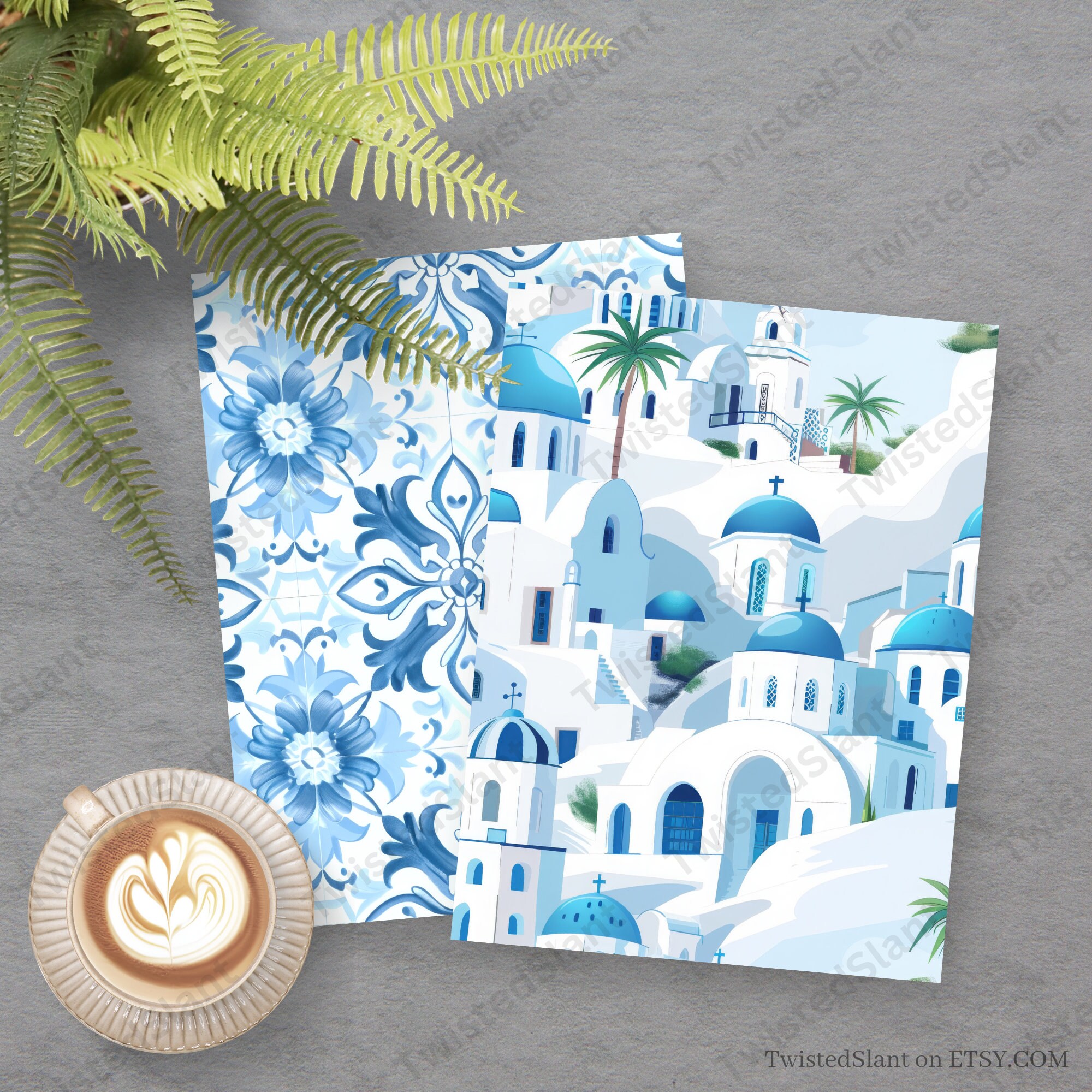 Digital Paper Santorini | INSTANT DOWNLOAD | Mediterranean Art | Blue ...