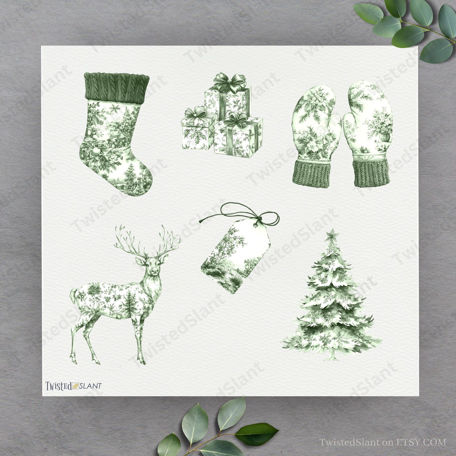 Christmas Toile Clipart Holiday | INSTANT DOWNLOAD | Green Toile ...