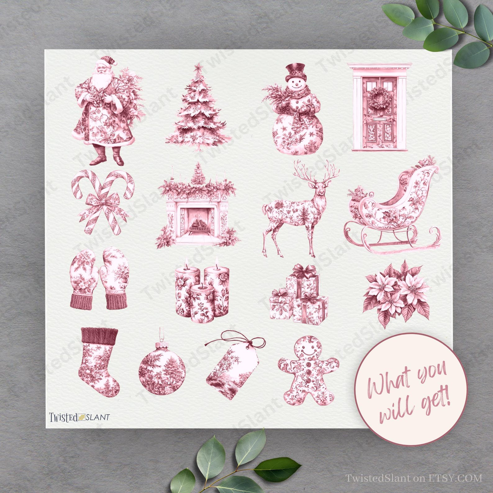 Christmas Toile Clipart Holiday | INSTANT DOWNLOAD | Pink Toile De Jouy ...