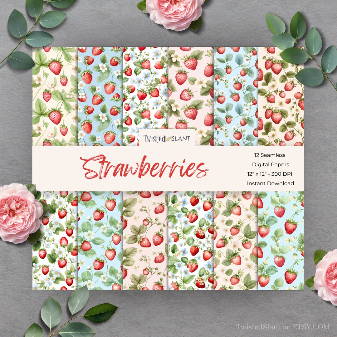 Digital Papers Strawberries | INSTANT DOWNLOAD | Watercolor Strawberry ...