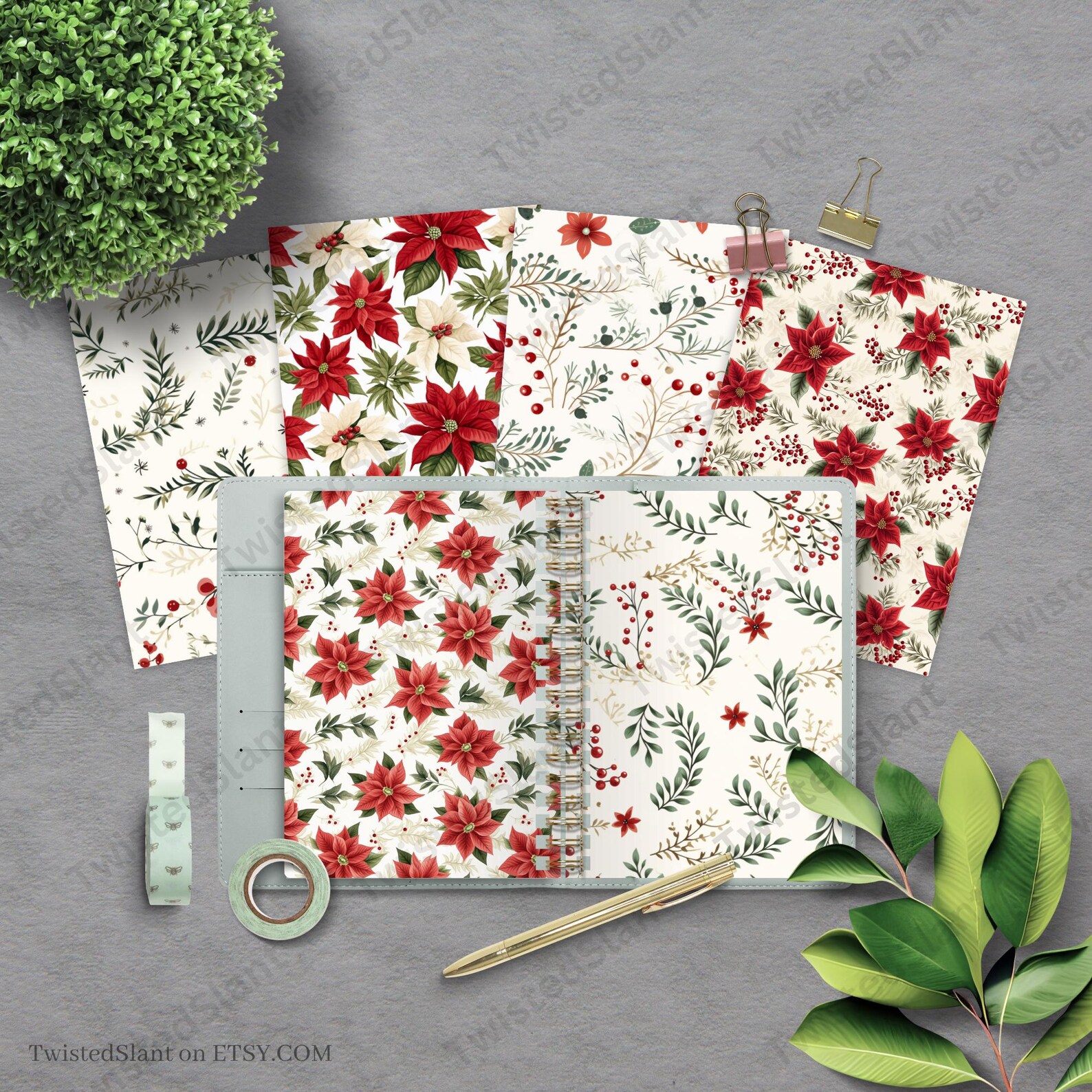 Poinsettia Christmas Scrapbook Digital Paper | INSTANT DOWNLOAD ...