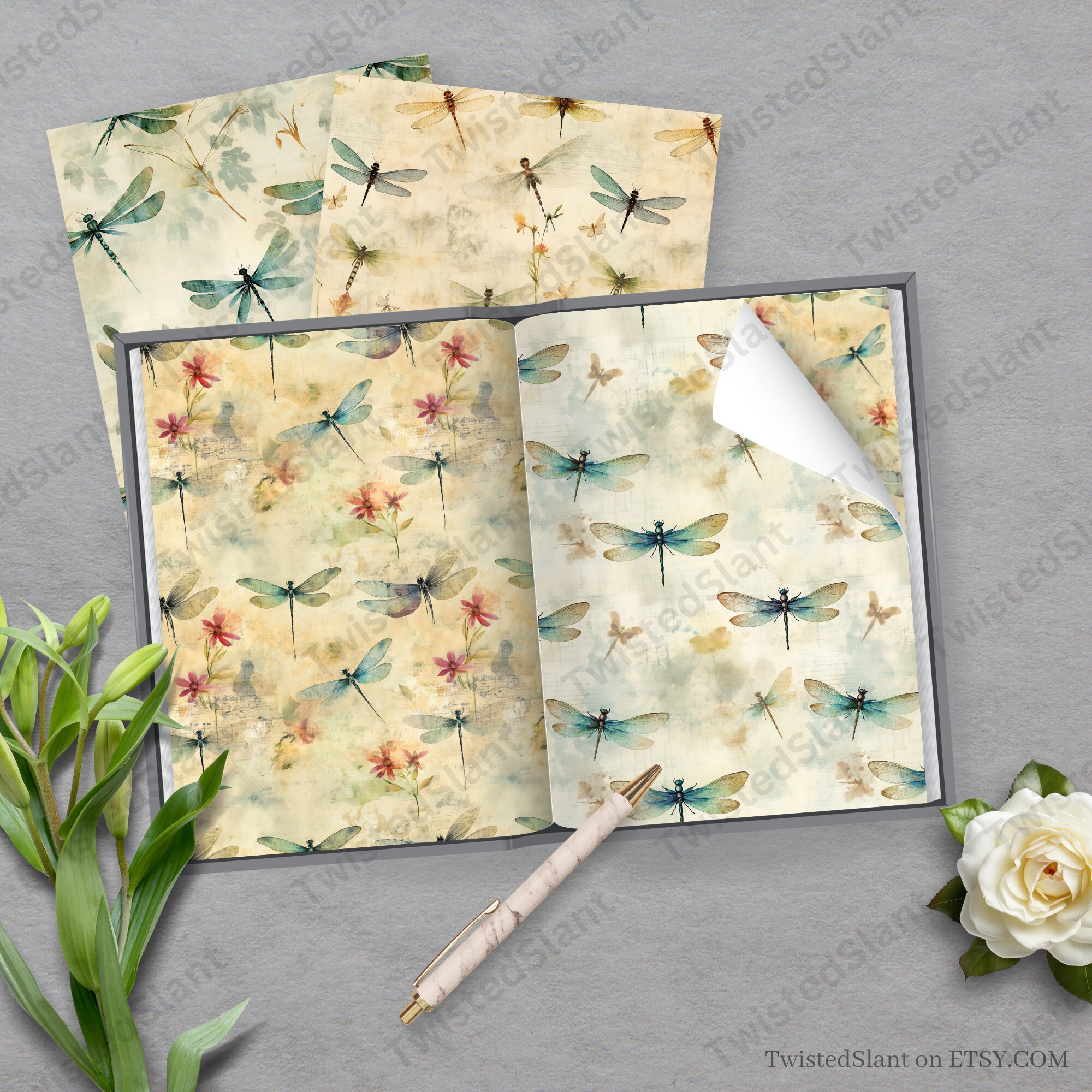Watercolor Dragonfly Digital Paper INSTANT DOWNLOAD Dragonfly Digital ...