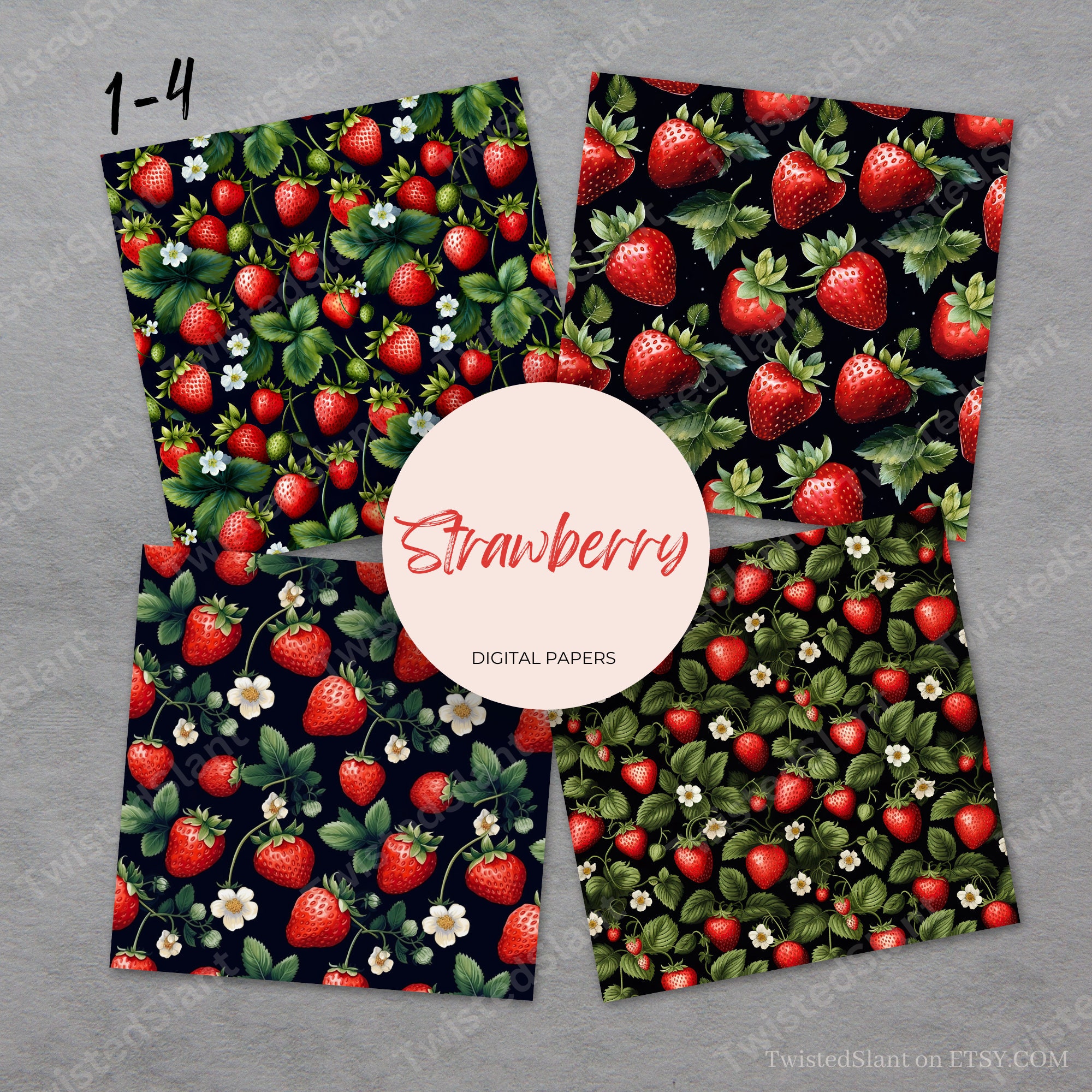 Digital Papers Strawberries INSTANT DOWNLOAD Watercolor Strawberry ...