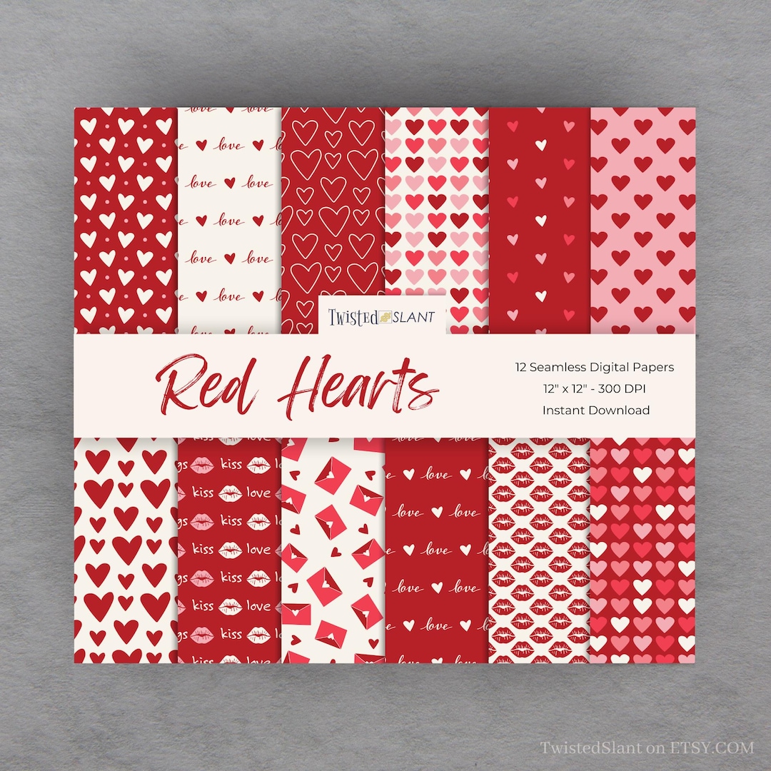 Red Hearts Digital Paper, Seamless Papers, Heart Background, Loveheart ...