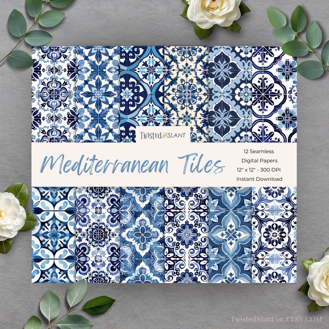 Blue Tile Digital Paper | INSTANT DOWNLOAD | Mediterranean Tile | Blue ...