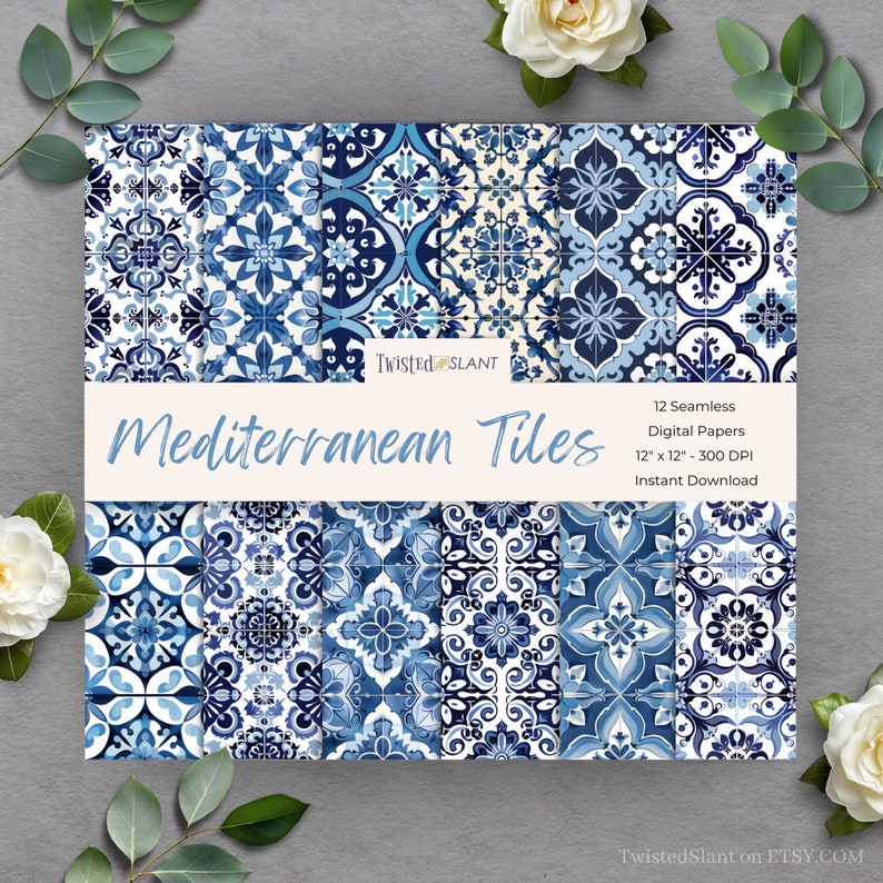 Blue Tile Digital Paper | INSTANT DOWNLOAD | Mediterranean Tile | Blue ...
