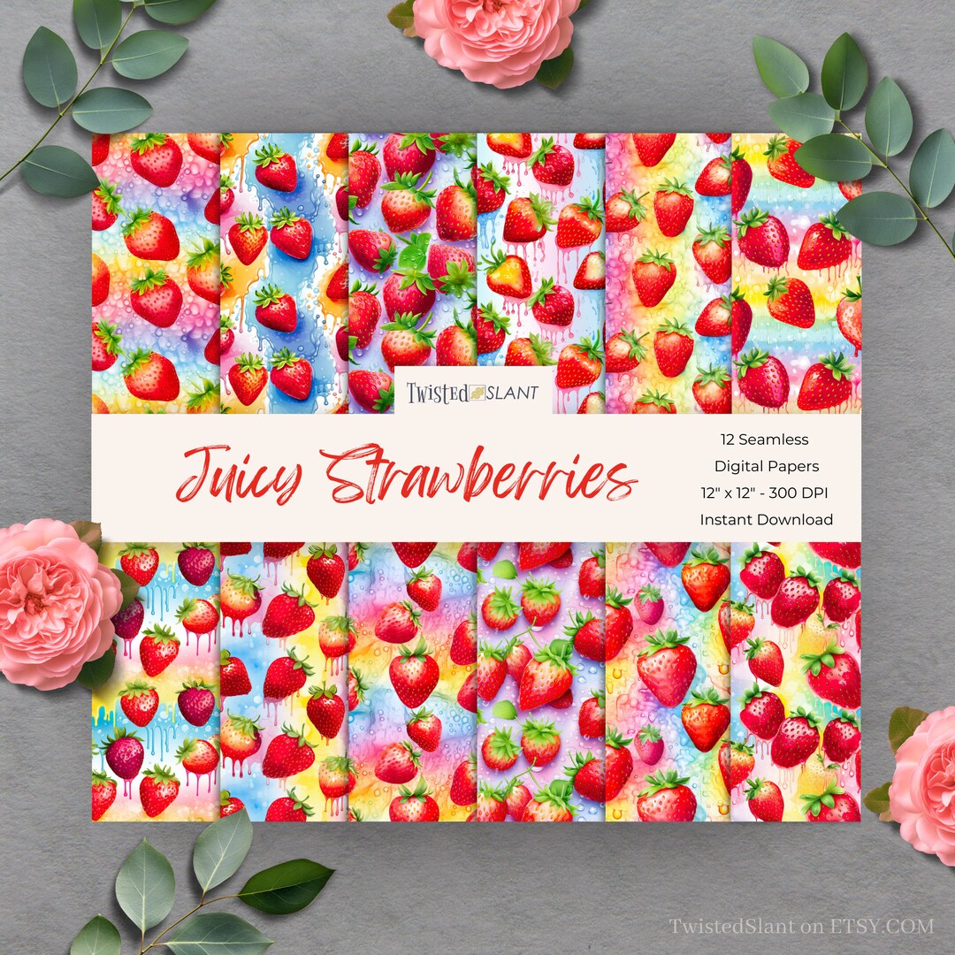 Digital Papers Strawberries | INSTANT DOWNLOAD | Watercolor Strawberry ...