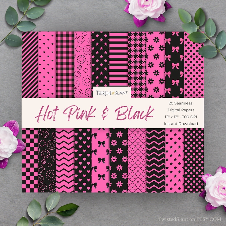 Hot Pink and Black Digital Paper | INSTANT DOWNLOAD | Seamless ...