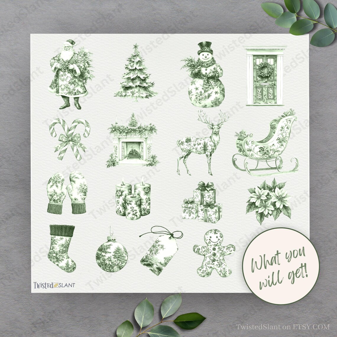 Christmas Toile Clipart Holiday | INSTANT DOWNLOAD | Green Toile ...