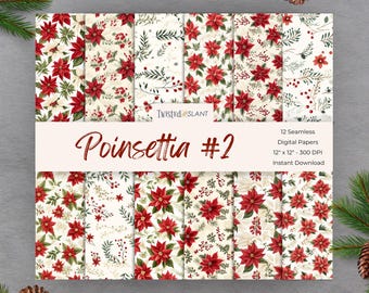 Poinsettia Charm Christmas Winter Holiday Bordered Digital Papers ...