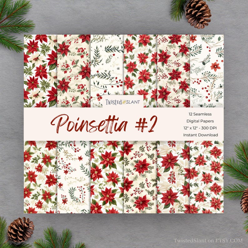 Poinsettia Christmas Scrapbook Digital Paper | INSTANT DOWNLOAD ...