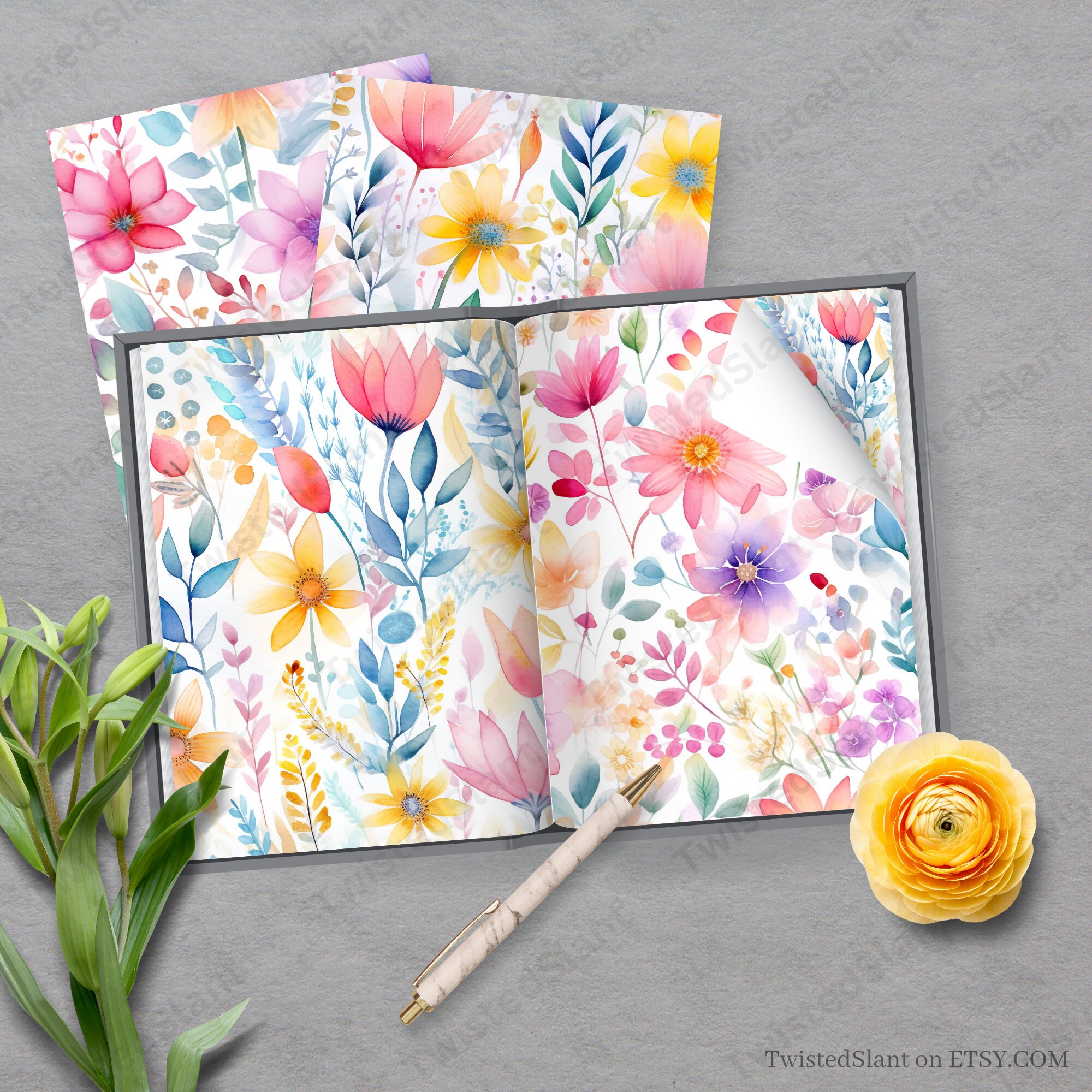 Spring Floral Medley Digital Paper INSTANT DOWNLOAD Watercolor Flowers ...