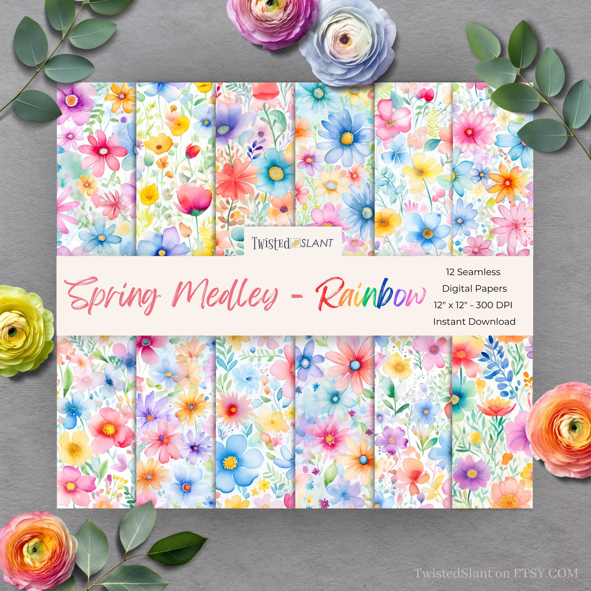 Spring Floral Medley Digital Paper INSTANT DOWNLOAD Watercolor Flowers ...
