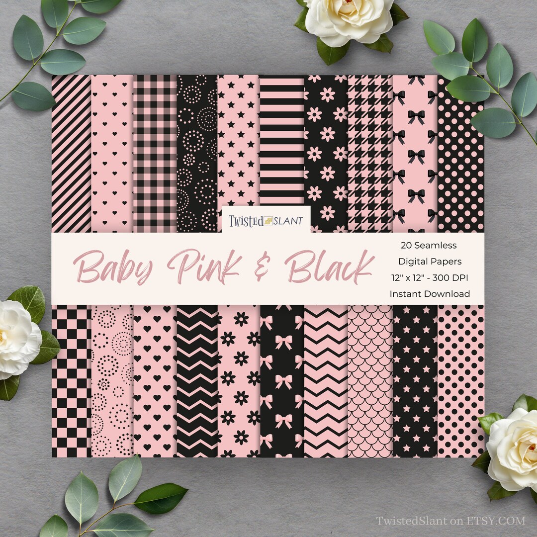Baby Pink Digital Paper: Black Geometric Patterns (instant Download) - Etsy