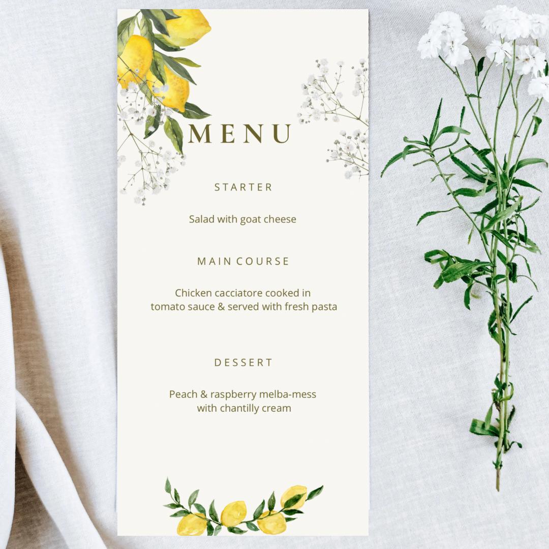 Lemon Floral Wedding Menu Template | Elegant Printable (canva Digital ...