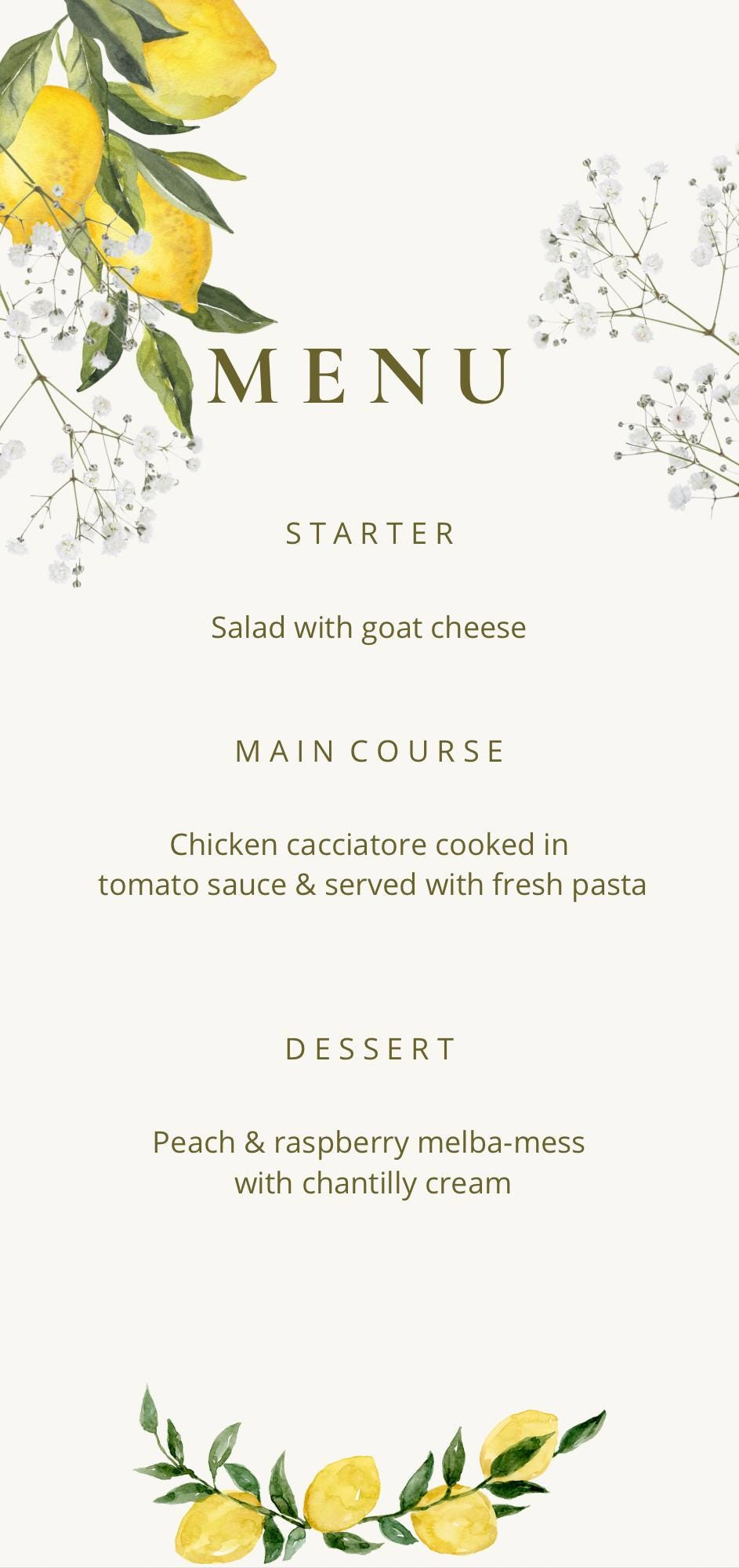 Lemon Floral Wedding Menu Template | Elegant Printable (canva Digital ...