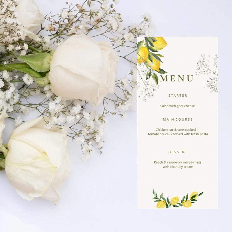 Lemon Floral Wedding Menu Template | Elegant Printable (canva Digital ...