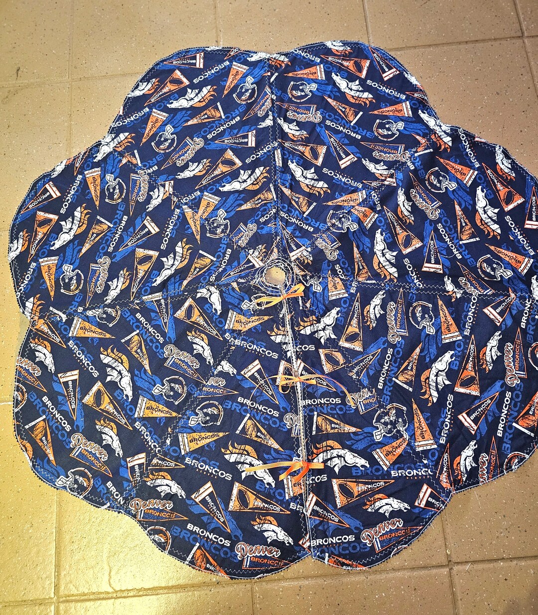 Denver Broncos Tree Skirt and or Table Topper. Handmade, Ribbon Closure ...