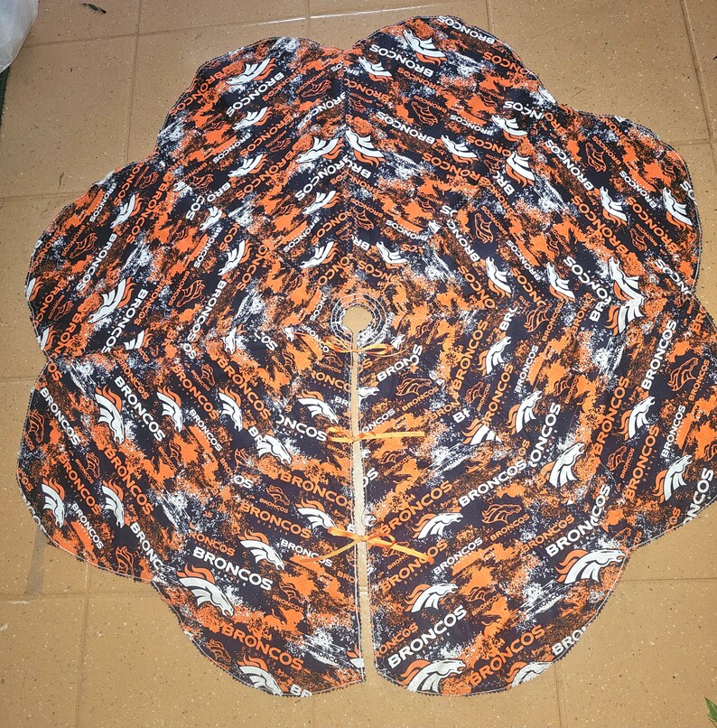 Denver Broncos Tree Skirt and or Table Topper. Handmade, Ribbon Closure ...