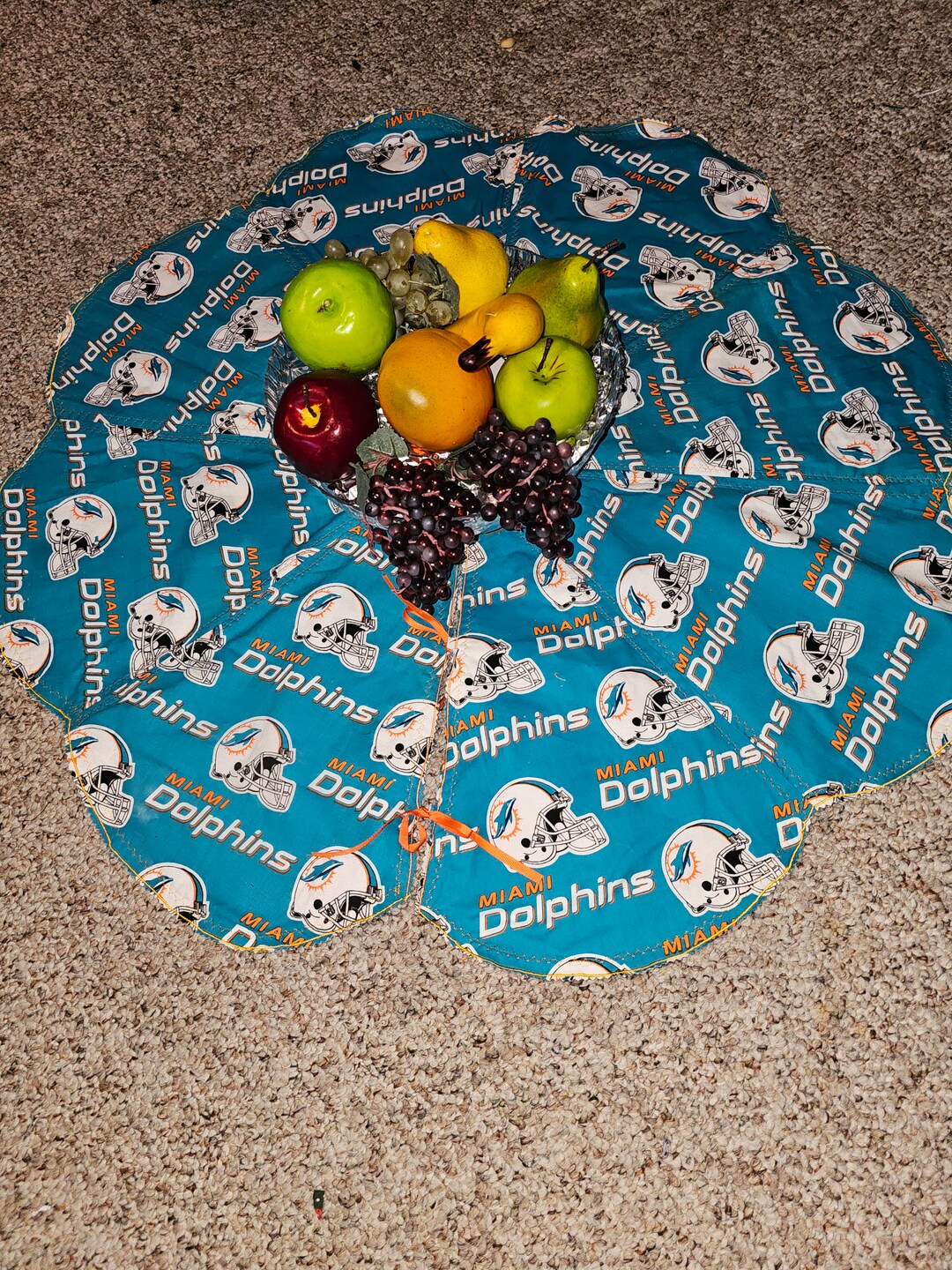 Miami Dolphins Table Topper or Tree Skirt. Handmade, Quilted, Ribbon ...