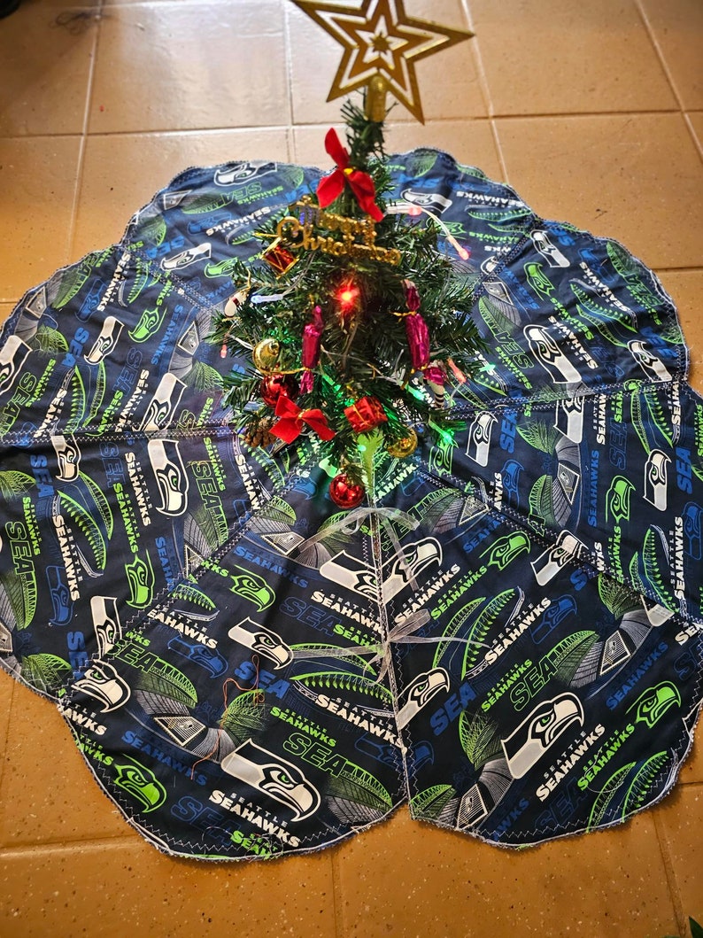 Seattle Seahawks Table Topper/tree Skirt, Handmade, Quilted, Ribbon ...