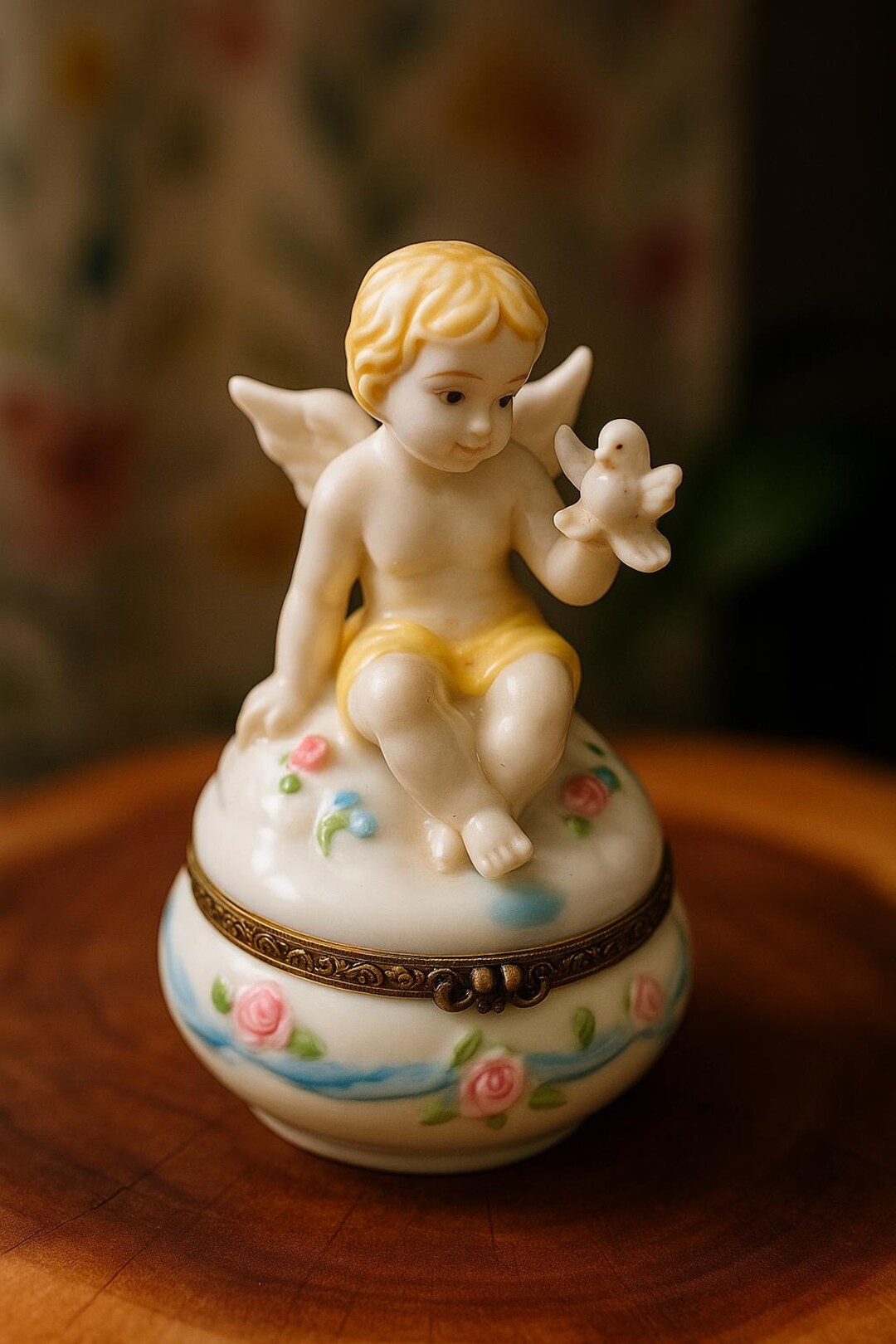 Vintage Porcelain Cherub Trinket Box – Angel With Bird Hinged Jewelry ...