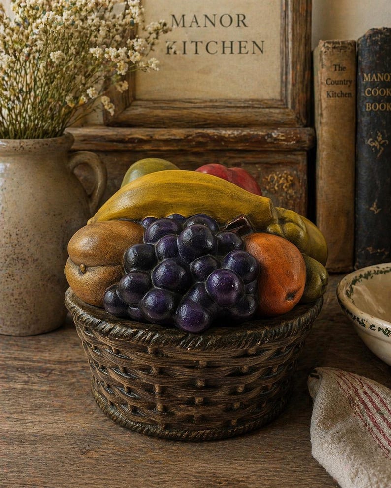 Vintage 1973 Hand-painted Ceramic Fruit Basket Sculpture, Folk Art ...
