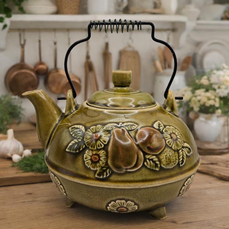 Vintage Japanese Pottery Teapot Olive Green Fruit Design Mid Century ...