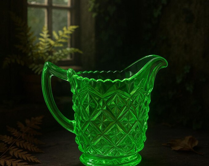 Vintage Uranium Glass Creamer – Glows Bright Green Under UV – Diamond ...