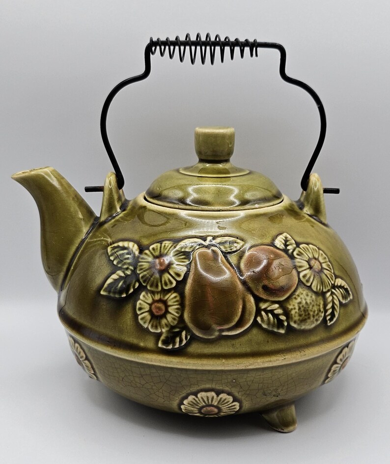Vintage Japanese Teapot Olive Green Crackle Glaze Fruit Relief Cottage ...