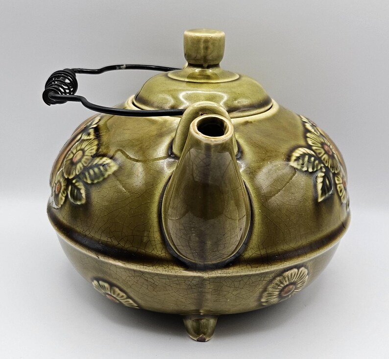 Vintage Japanese Teapot Olive Green Crackle Glaze Fruit Relief Cottage ...