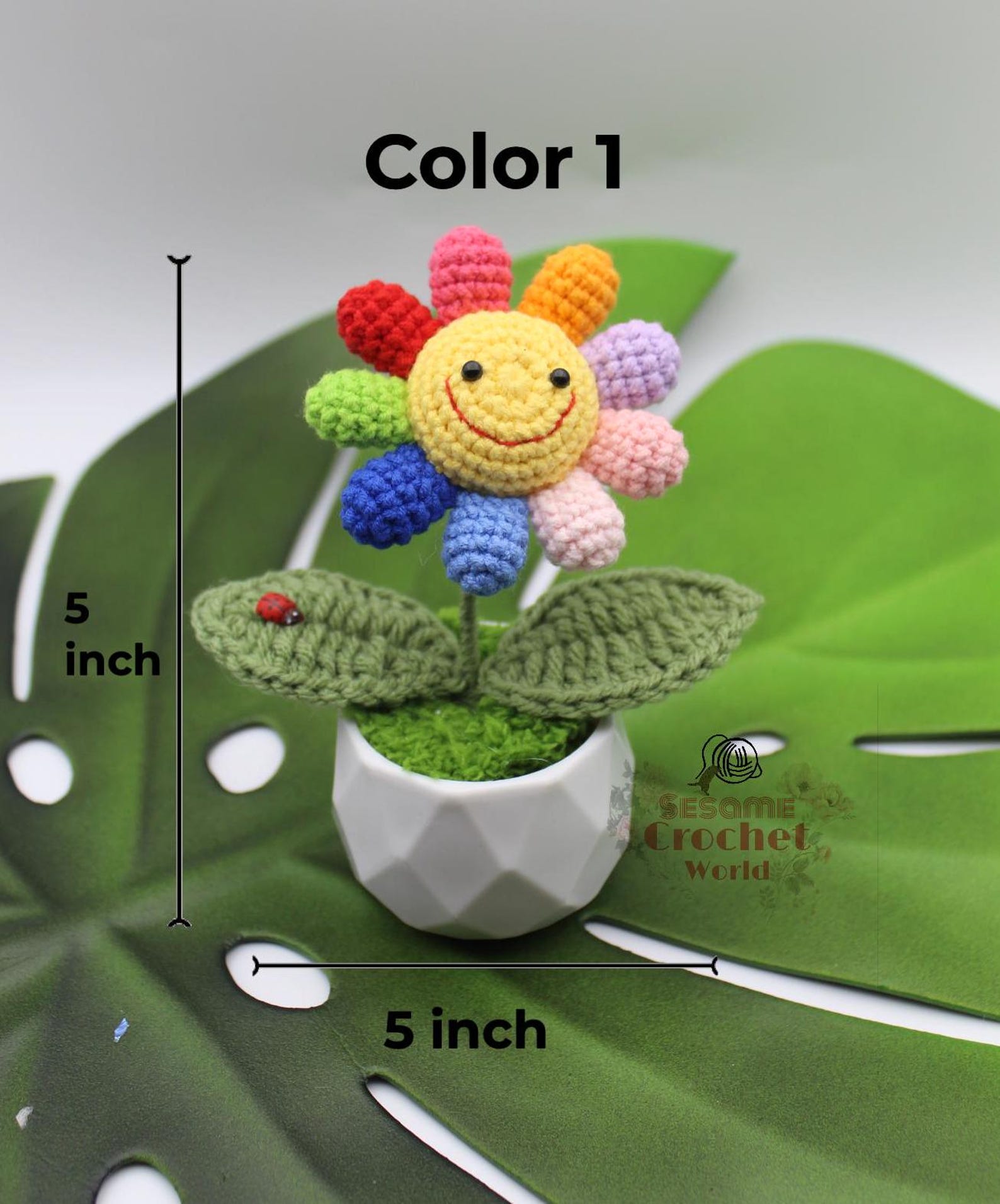 Cute Crochet Rainbow Big Smiley Flower Pot. Decoration for Desks. Gift ...