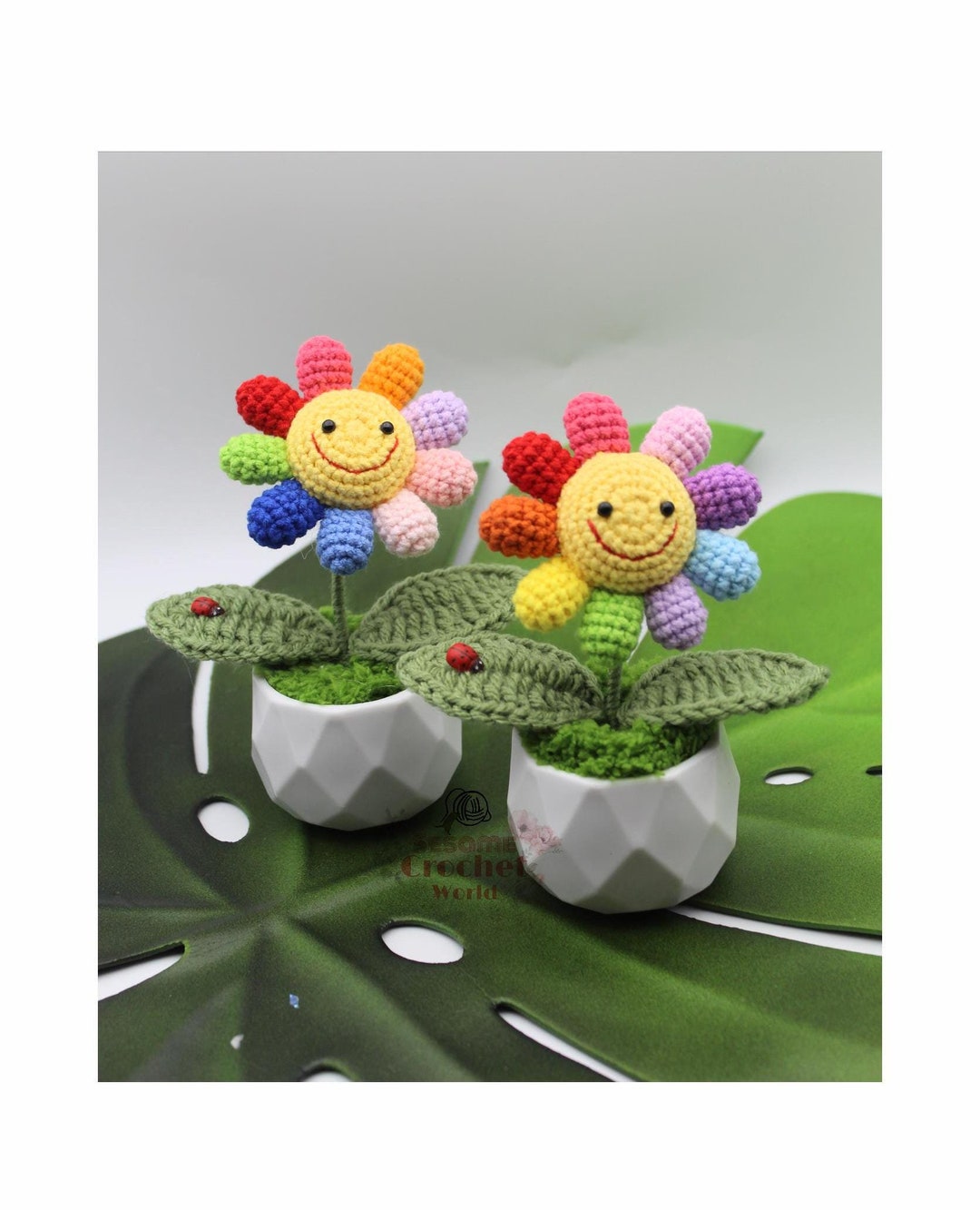 Cute Crochet Rainbow Big Smiley Flower Pot. Decoration for Desks. Gift ...