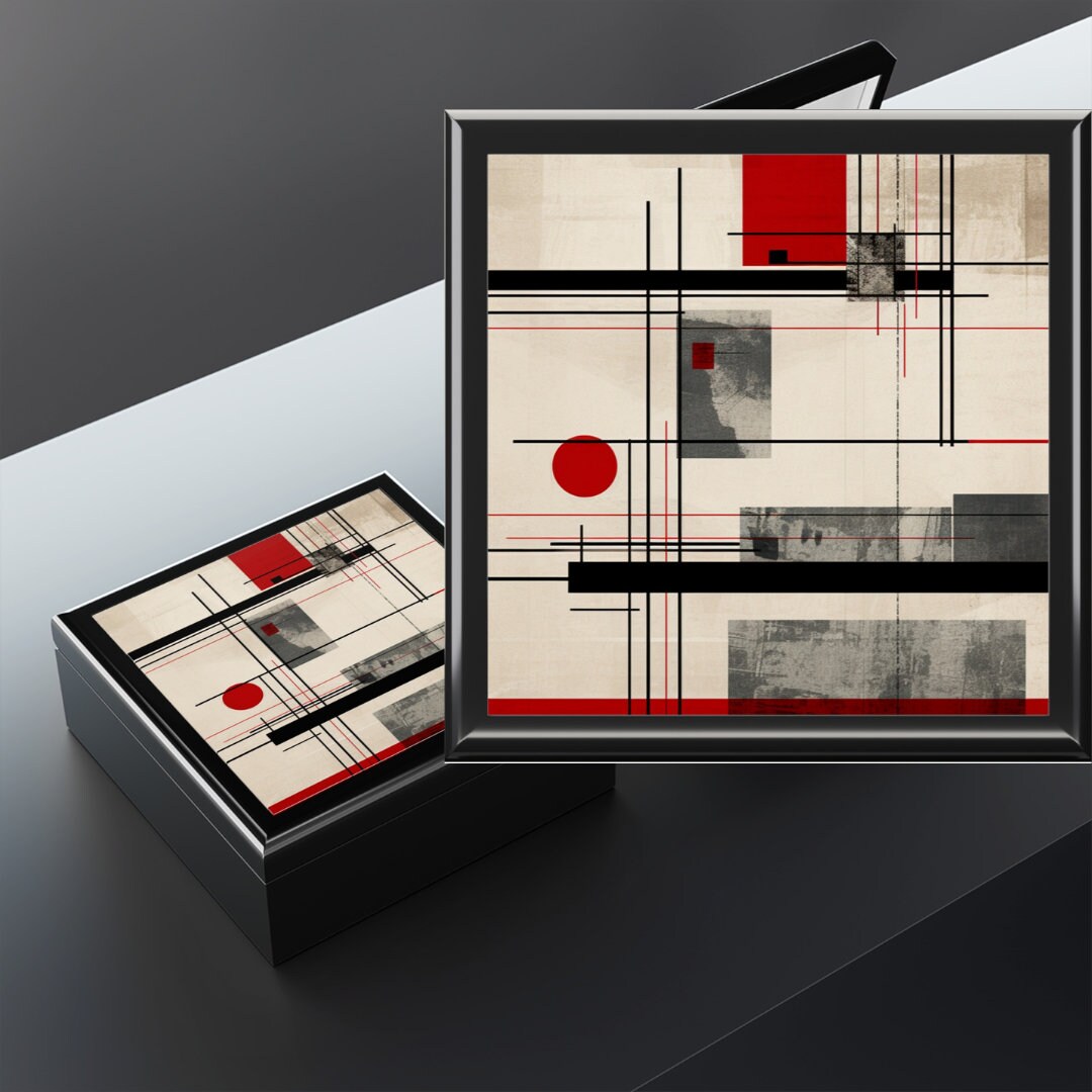 Abstract Art Jewelry Box, Geometric Art Keepsake Box, Red and Black ...