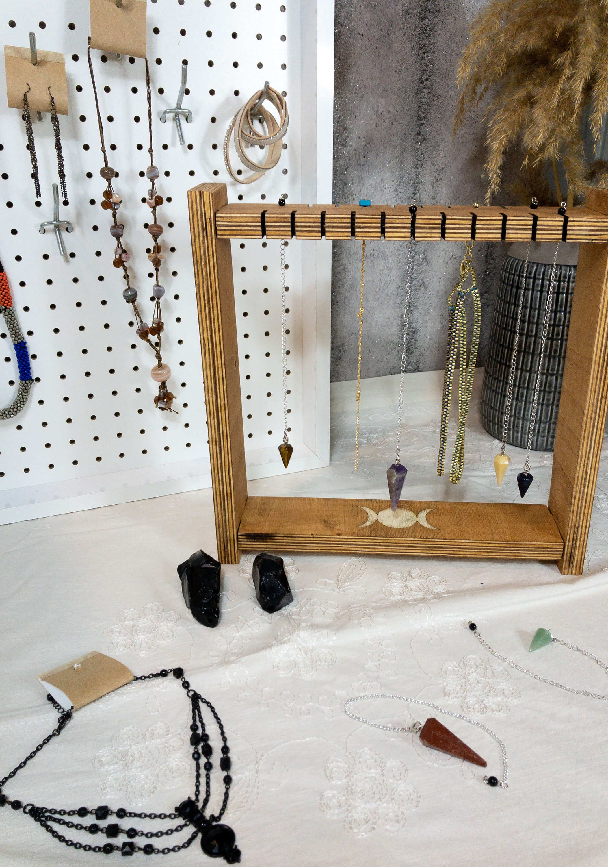 Triple Moon Goddess Wooden Pendulum Stand, Holder, Necklace Jewelry ...